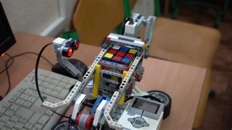 Craft For Robotics Class A Robot Made From A Lego Set And Motor Solves A Rubik S Cube Stock