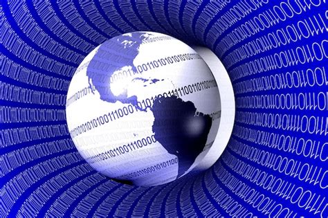 터널 인터넷 개념 내부의 지구 세계 지도 및 이진 코드 프리미엄 사진