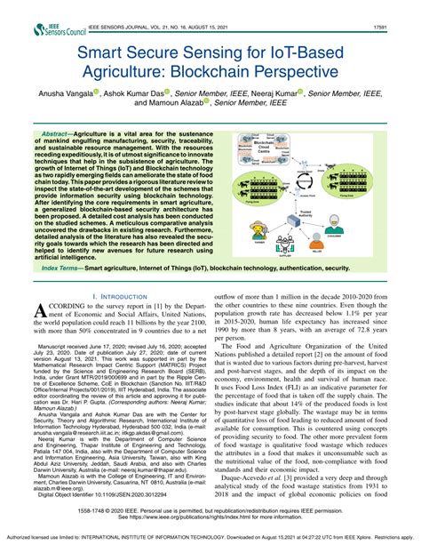 pdf smart secure sensing for iot based agriculture blockchain perspective