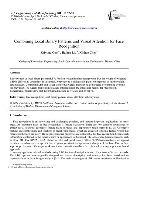 Pdf Combining Local Binary Patterns And Visual Attention For Face