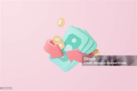 3d 벡터 캐쉬백 환불 아이콘 개념 지갑 달러 지폐 와 동전 스택 온라인 지불 및 백그라운드에서 돈을 절약 하는 개념을 들고 돈