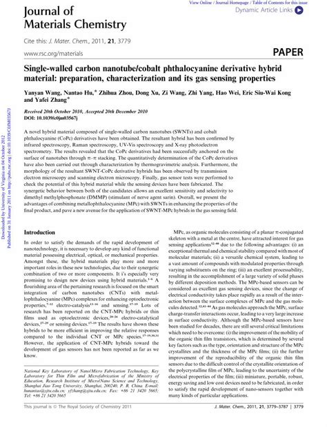 Pdf Single Walled Carbon Nanotubecobalt Phthalocyanine Derivative Hybrid Material