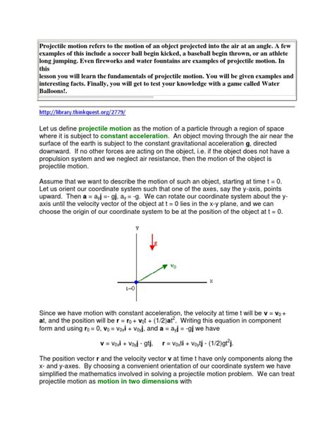 Projectile Motion Trajectory Cartesian Coordinate System