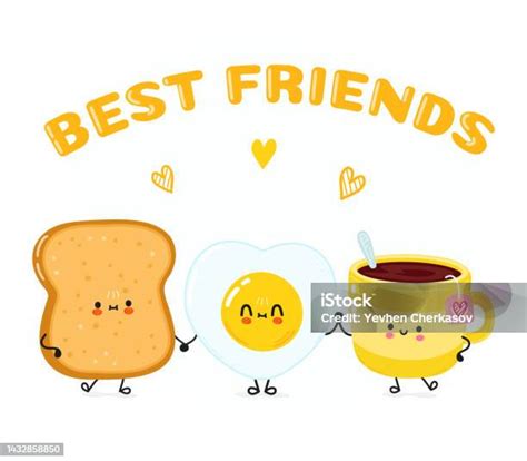 차와 튀긴 계란 카드의 귀여운 행복한 토스트 컵 벡터 손으로 그린 낙서 스타일 만화 캐릭터 일러스트 아이콘 디자인 행복한 토스트 컵의 차와 튀긴 계란 친구 컨셉 카드 0명에