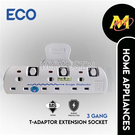 MY Eco T Adaptor Extension Socket Way T Adaport Lightning Surge Protection With Neon