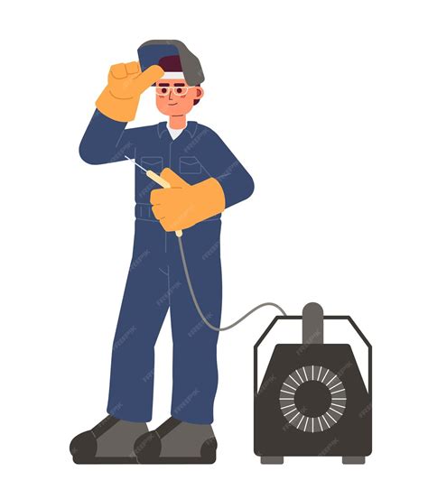 노동 용접기 만화 평평한 일러스트레이션 용접 산업 노동자 남성 아시아 성인 절단 ⁇ 불을 들고 ⁇ 바탕에 고립된 2d 캐릭터 용접기 철강 노동자 장면 ⁇ 터 컬러 이미지