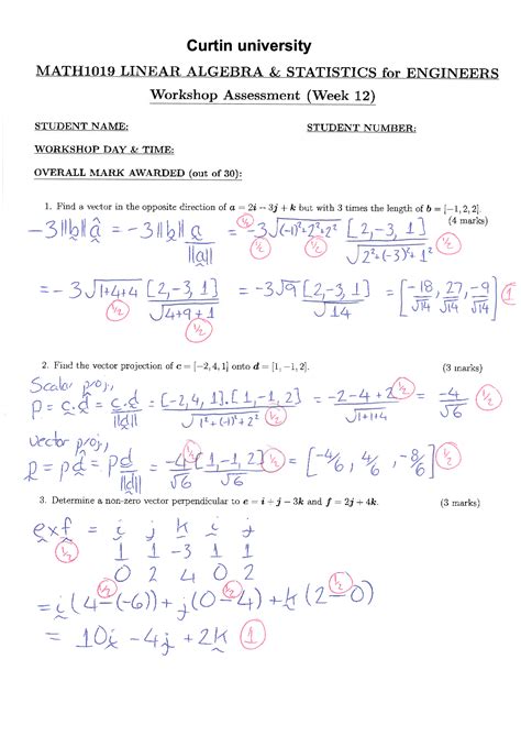Solution Math 1019 Curtin University Workshop Assessment Linear Lgebra And Statistics For