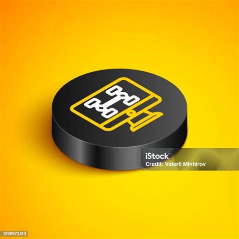 노란색 배경에서 격리된 자동차 아이콘의 등색 선 하드웨어 진단 조건입니다 자동차 서비스 및 수리 부품 검은 색 원 버튼 벡터 3차원 형태에 대한 스톡 벡터 아트 및 기타