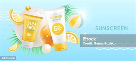 3d 구체와 자외선 차단제 튜브가 있는 여름 배경 화려한 여름 풍경입니다 벡터 그림 3차원 형태에 대한 스톡 벡터 아트 및 기타 이미지 3차원 형태 개체 그룹 계절