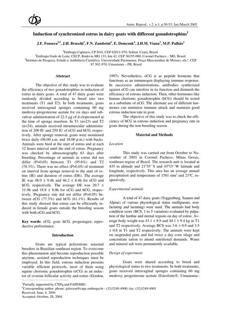 Pdf Induction Of Synchronized Estrus In Dairy Goats With Different Gonadotrophins1