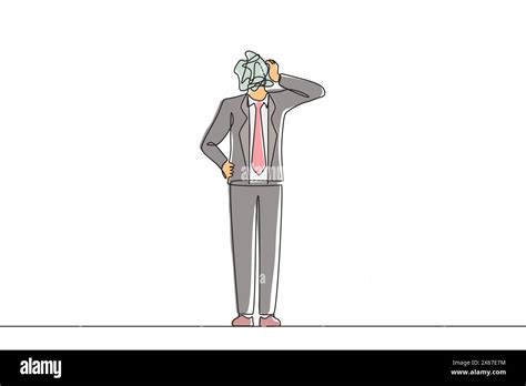 Continuous One Line Drawing Businessman With Round Scribbles Instead Of A Head Doubting Man