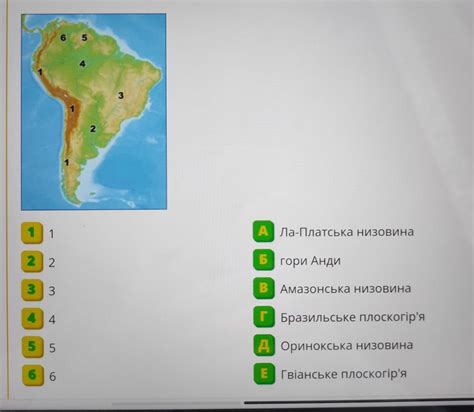 Встановіть відповідність між основними формами рельєфу та цифрами якими вони позначені на карті