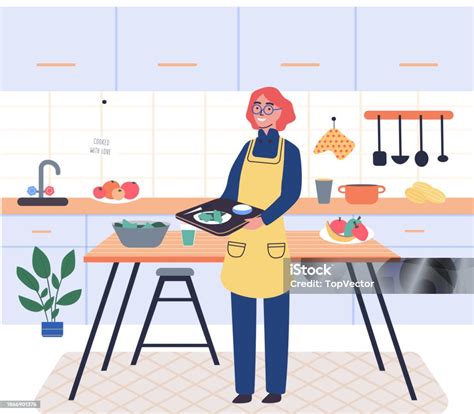 채식 음식을 요리하는 사람들 벡터 일러스트 레이 션입니다 부엌에서 수제 식사를 요리하는 귀여운 소녀 가구에 대한 스톡 벡터 아트 및 기타 이미지 Istock