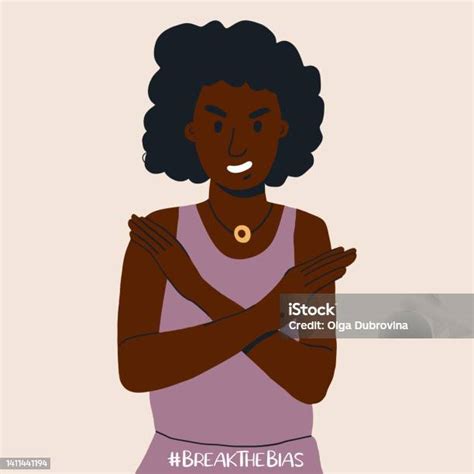 팔을 든 흑인 여성이 팔을 건넜다 바이어스 캠페인을 중단하십시오 세계 여성의 날 차별과 고정 관념에 반대하는 운동 플랫 벡터 Breakthebias에 대한 스톡 벡터 아트