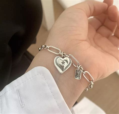 925 실버 은 볼드 시크 엔틱 하트 참 별 스타 사각 미니 펜던트 굵은 체인 레이어드 팔찌 에이블리