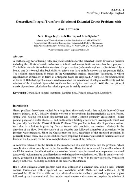 Pdf Generalized Integral Transform Solution Of Extended Graetz Problems With Axial Diffusion