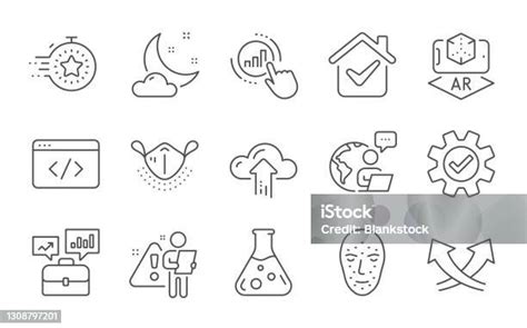 그래프 차트 야간 날씨 및 교차 화살표 아이콘 설정입니다 타이머 화학 실험실 및 얼굴 생체 인식 징후 벡터 가상현실에 대한 스톡 벡터 아트 및 기타 이미지 Istock