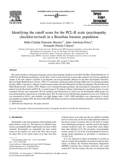 Pdf Identifying The Cutoff Score For The Pcl R Scale Psychopathy Checklist Revised In A