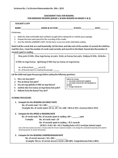 Assessment Tool For Measuring Reading Proficiency In Emergent And
