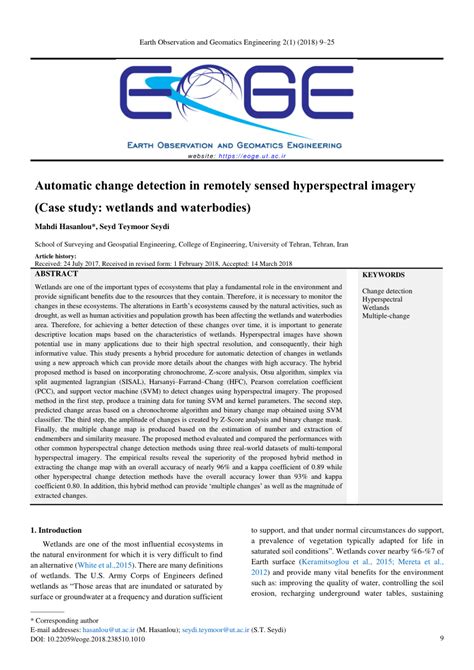 Pdf Automatic Change Detection In Remotely Sensed Hyperspectral Imagery Case Study Wetlands