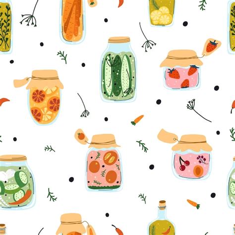 Premium Vector Semless Pattern With Home Made Pickles Canned Fruit Vegetables Glass Jar