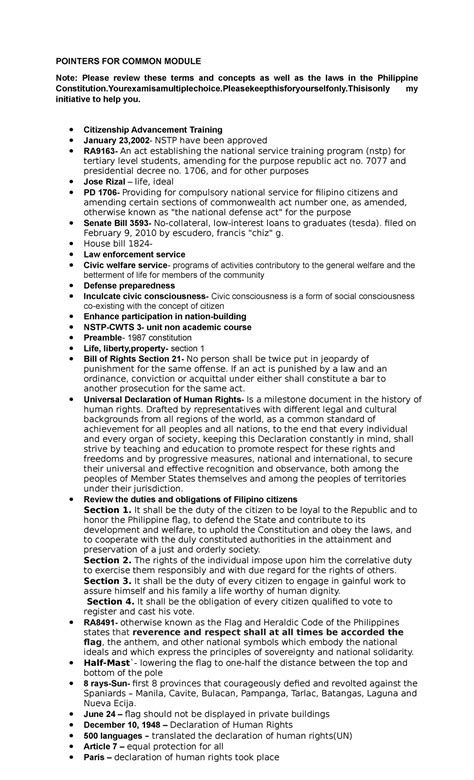 Nstp Reviewer Pointers For Nstp Module 1 Pointers For Common