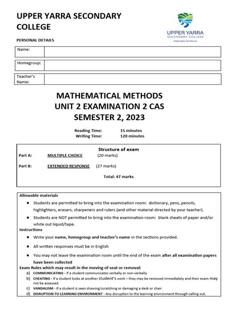 2023 Maths Methods Unit 2 Exam 2 Final Pdf Cartesian Coordinate System