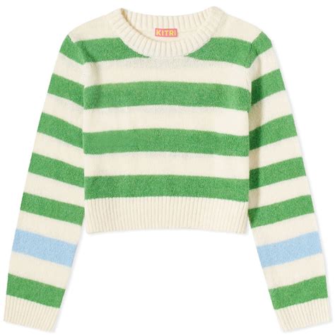Kitri Womens Gillian Green Striped Cropped Knit Top In Greenivory