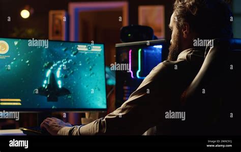man shooting asteroids in spaceship flying singleplayer game with