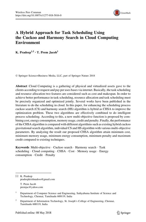 Pdf A Hybrid Approach For Task Scheduling Using The Cuckoo And