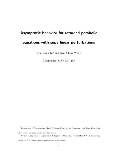 Pdf Asymptotic Behavior For Retarded Parabolic Equations With Superlinear Perturbations