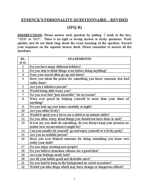 Eysenck Personality Questionnaire R Eysencks Personality Questionnaire Revised Epq R