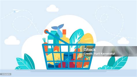 신선한 식료품 제품이있는 전체 쇼핑 카트 셀프 서비스 슈퍼마켓 신선하고 건강하며 천연 제품 세트 음식점 상점 슈퍼마켓 바구니 평면 디자인 벡터 비즈니스 일러스트레이션 쇼핑에