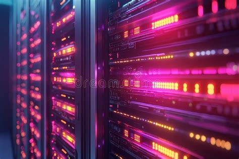 Modern Data Center With Illuminated Servers For High Performance Computing And Networking Stock