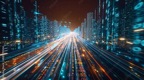 Digital Data Flow On Road With Motion Blur To Create Vision Of Fast Speed Transfer Concept Of