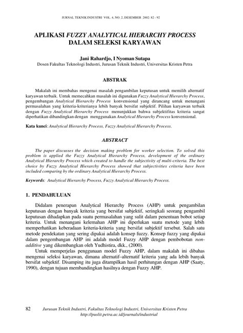 Pdf Aplikasi Fuzzy Analytical Hierarchy Process Dalam Seleksi Karyawan