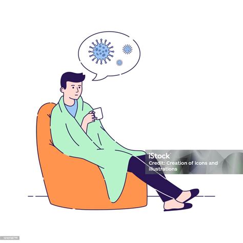 컵 플랫 벡터 일러스트와 의자에 앉아 감기 질환을 가진 아픈 남자 감기 발열 인플루엔자의 증상 흰색 배경에 연설 거품고립 만화 캐릭터 개념에 대한 스톡 벡터 아트 및 기타