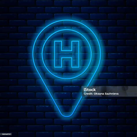 빛나는 네온 라인 헬리콥터 착륙장 아이콘은 벽돌 벽 배경에 분리되어 있습니다 헬기 착륙장 지역 플랫폼 H 문자 벡터 알파벳 H에 대한 스톡 벡터 아트 및 기타 이미지