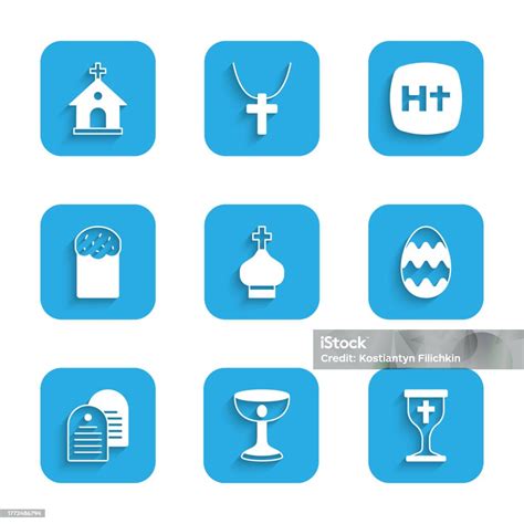 기독교 교회 탑 성배 부활절 달걀 성경 책 케이크 십자가 및 교회 건물 아이콘을 설정합니다 벡터 건축하기에 대한 스톡 벡터 아트 및 기타 이미지 Istock