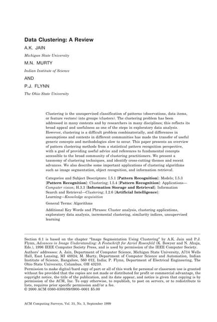 Data Clustering A Review Pdf
