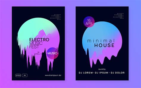 클럽 파티 브로셔를 위한 웨이브 효과 잡지 디자인을 위한 멤피스 패턴 네온과 쇼 레이아웃 재즈 뮤직 플라이어 보라색과 청록색 클럽 파티 Dj에 대한 스톡 벡터 아트 및 기타