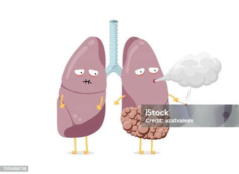 ปอดป่วยไม่แข็งแรงตัวการ์ตูนสูบบุหรี่ อวัยวะภายในระบบทางเดินหายใจของมนุษย์ที่มีมะเร็งพั ภาพประกอบ