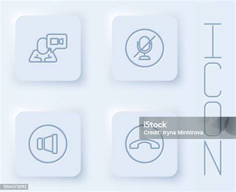 세트 회선 화상 채팅 회의 음소거 마이크 스피커 볼륨 및 전화 단말기를 설정합니다 흰색 정사각형 버튼 벡터 Brand Name