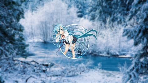배경 화면 애니메이션 소녀들 물 눈 겨울 차량 푸른 얼음 서리 봄 덴파 온나 ~ 세이 슌 오토 코 동화 어와 동결 날씨 시즌 1920x1080