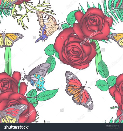 Vector Hand Drawn Roses Butterflies Seamless Stock Vector Royalty Free