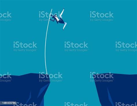 사업가는 장대높이뛰기를 들고 계곡을 가로질러 점프한다 역경을 극복하는 사업 벡터 일러스트레이션 겨냥에 대한 스톡 벡터 아트 및