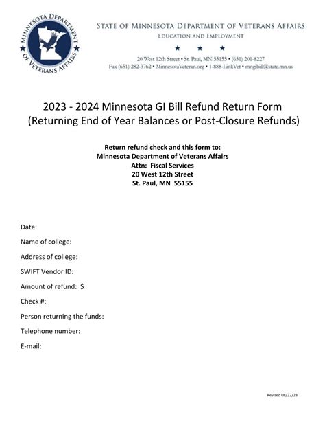 2024 Minnesota Minnesota Gi Bill Refund Return Form Returning End Of