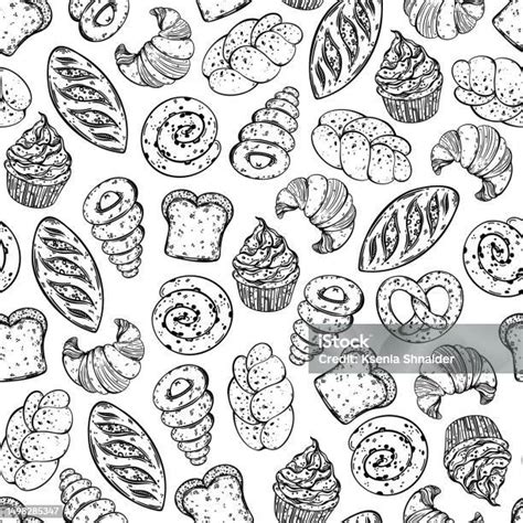 베이커리 원활한 벡터 패턴입니다 신선한 유기농 빵 컵케이크 크루아상 빵 롤빵 글루텐 프리 구운 식품 달콤한 파이 수제 파이 음식 스케치 포장을 위한 흑백 배경 메뉴 0명에
