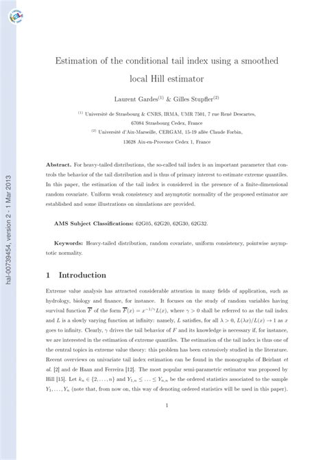 Pdf Estimation Of The Conditional Tail Index Using A Smoothed Local Hill Estimator