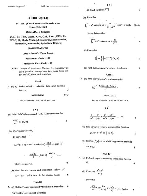 Btech 1 Sem Mathematics 1 A000112 Dec 2022 Pdf